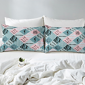 Manfei Volleyball Sheet Set Full Size, Sports Theme Bed Sheet Set 4pcs with Deep Pocket Fitted Sheet + Flat Sheet + 2 Pillowcases, Checks Grid Plaid Print Bedding Set for Kids Boys Teens Room Decor