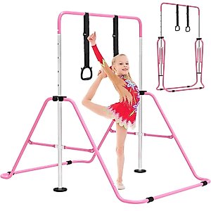 EVERYMILE Gymnastics Bars for Home, Adjustable Height Folding Horizontal Bars, Junior Training Kip Bar Expandable Gym Equipment, Monkey Bar with Gymnastics Rings for Kids Gifts