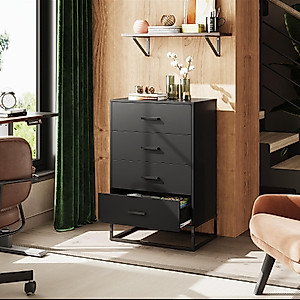 WLIVE Wood Dresser for Bedroom with 4 Drawers, Chest of Drawers, Tall Dresser Drawers with Sturdy Metal Frame for Hallway, Living Room, Closet, Black