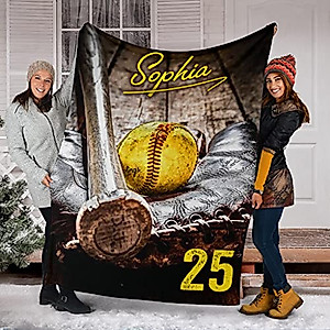 OhaPrints Custom Softball Old School Ball Gift for Fan Lovers Personalized Name Number Soft Sherpa Throw Blankets Cozy Fuzzy Fleece Throws for Tv Sofa Couch Comfy Fluffy Blanket 30X40 50X60 60X80