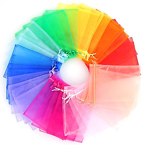 Ponpon 100pcs Assorted Color Organza Bags, 5x7 inches Mesh Bags Drawstring Gift Bags for Candy Jewellery Gift