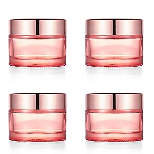 Pink Glass Cream Jar,4 Pack 1.7 oz/50g Face Lotion Jar Pot,Empty Refillable Glass Cosmetic Cream Bottle Container With Rose-Golden Cover,Inner Liners for Moisturizer,Eyeshadow,Makeup Emulsion
