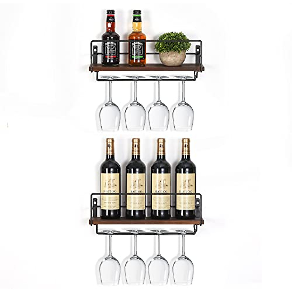 SODUKU Wall Mounted Wine Rack Wood Rustic Wine Bottle Glass Floating Shelves with Stemware Hanger Modern Wine Display Storage Holder for Kitchen Dining Room Bar Wall Décor Sef of 2