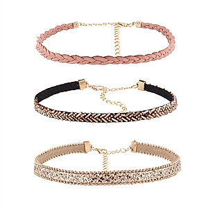 CrazyPiercing Choker Necklaces, Adjustable Collar Necklaces, Beaded Collar Necklace, Sequins Leather Velvet Chain Choker Necklace for Women Set of 3