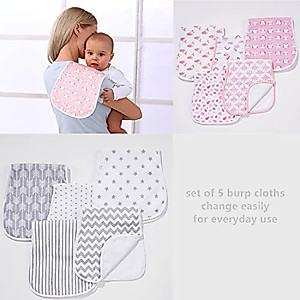 sleepyturtle Ultra-Soft Cotton Burping Clothes - Large, Absorbent, Waterproof Baby Burp Cloths in Cute Unisex Designs 5 Pack (pink01)