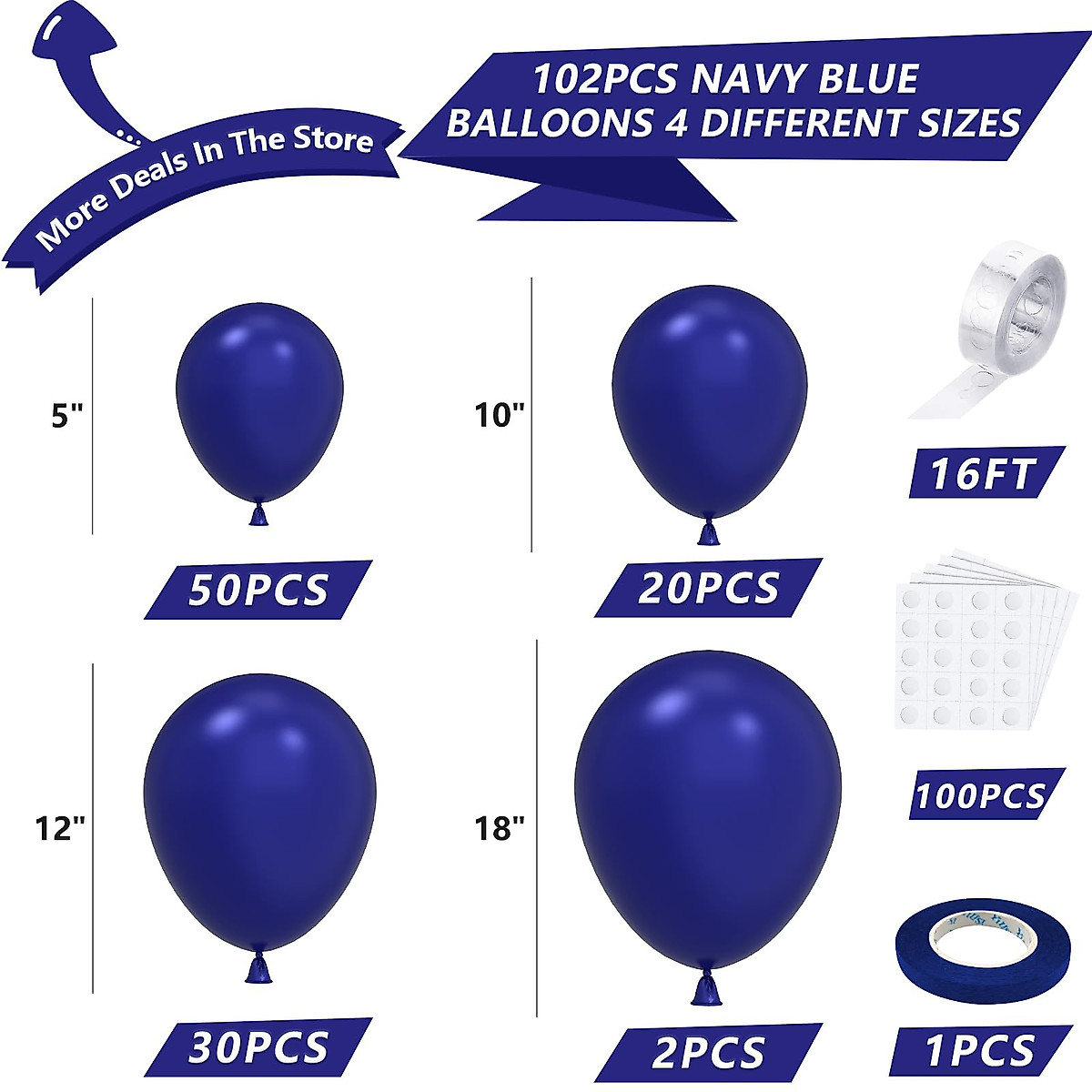 NISOCY Navy Blue Latex Balloon Arch Kit, 102PCS 18In 12In 10In 5In Navy Blue Balloons Arch Garland for Baby Shower Graduation Birthday 4th of July Independence Memorial Day Patriotic Party Decorations