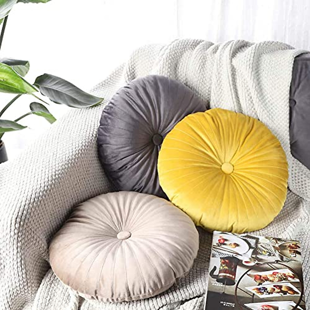 Elero Velvet Round Throw Pillow Pleated Round Pillow Cushion Decoration for Couch Chair Bed Car Yellow