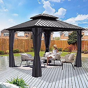 Raysfung 10 X 10ft Hardtop Gazebo, Galvanized Steel Double Roof Gazebo with Nettings and Curtain Outdoor Aluminum Frame Vertical Stripes Roof Permanent for Patio, Backyard, Lawns