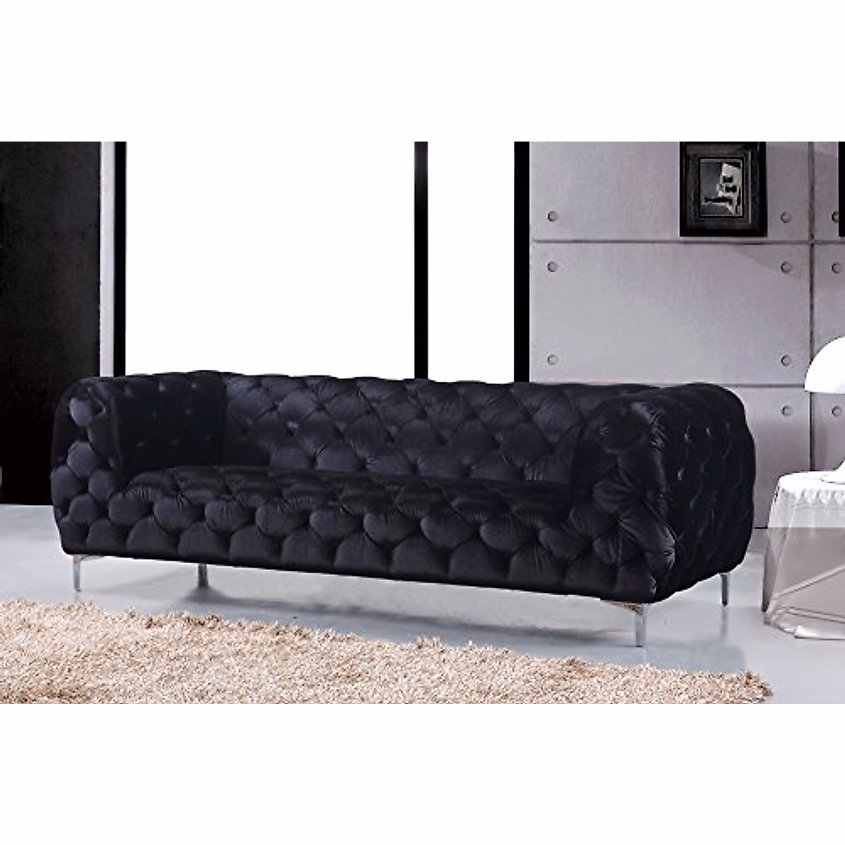 Meridian Furniture Mercer Collection Modern | Contemporary Low Back, Velvet Upholstered Sofa with Deep Button Tufting, and Custom Chrome Legs, Black, 91" W x 35" D x 28.5" H