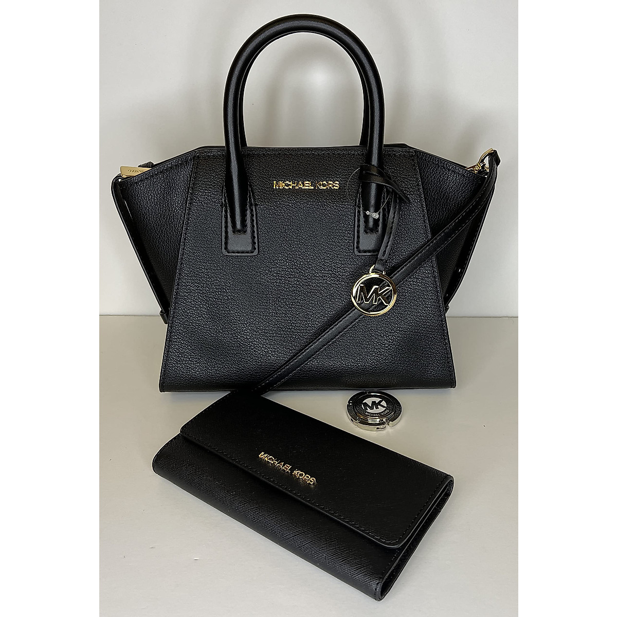 Michael Kors MICHAEL Michael Kors Avril Small Logo Top-Zip Satchel bundled with Trifold Wallet Purse Hook (Black)