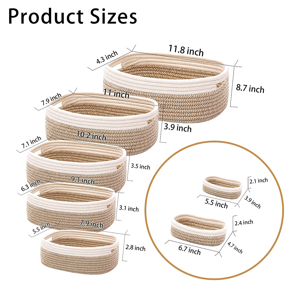 HLWDFLZ 7 Piece Cotton Rope Woven Basket Set - Woven Storage Basket Pets Toy Cotton Rope Basket for Organizing, Small Basket for Montessori, Dog Cat Toy Box, Baby Nursery (Off White/Brown)