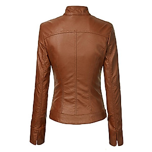 Lock and Love LL WJC747 Womens Dressy Vegan Leather Biker Jacket L Camel