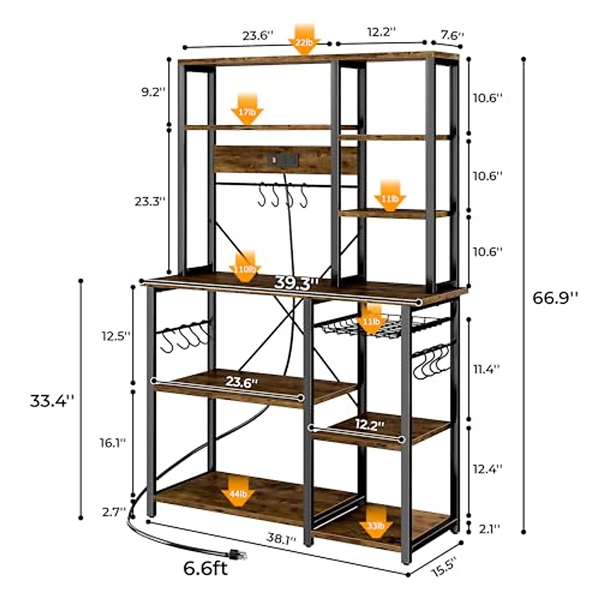 SUPERJARE Large Bakers Rack with Power Outlets, 6-Tier Microwave Stand, Coffee Bar with 12 S-Shaped Hooks, Kitchen Shelf with Wire Basket, 39.3 x 15.5 x 66.9 Inches, Rustic Brown
