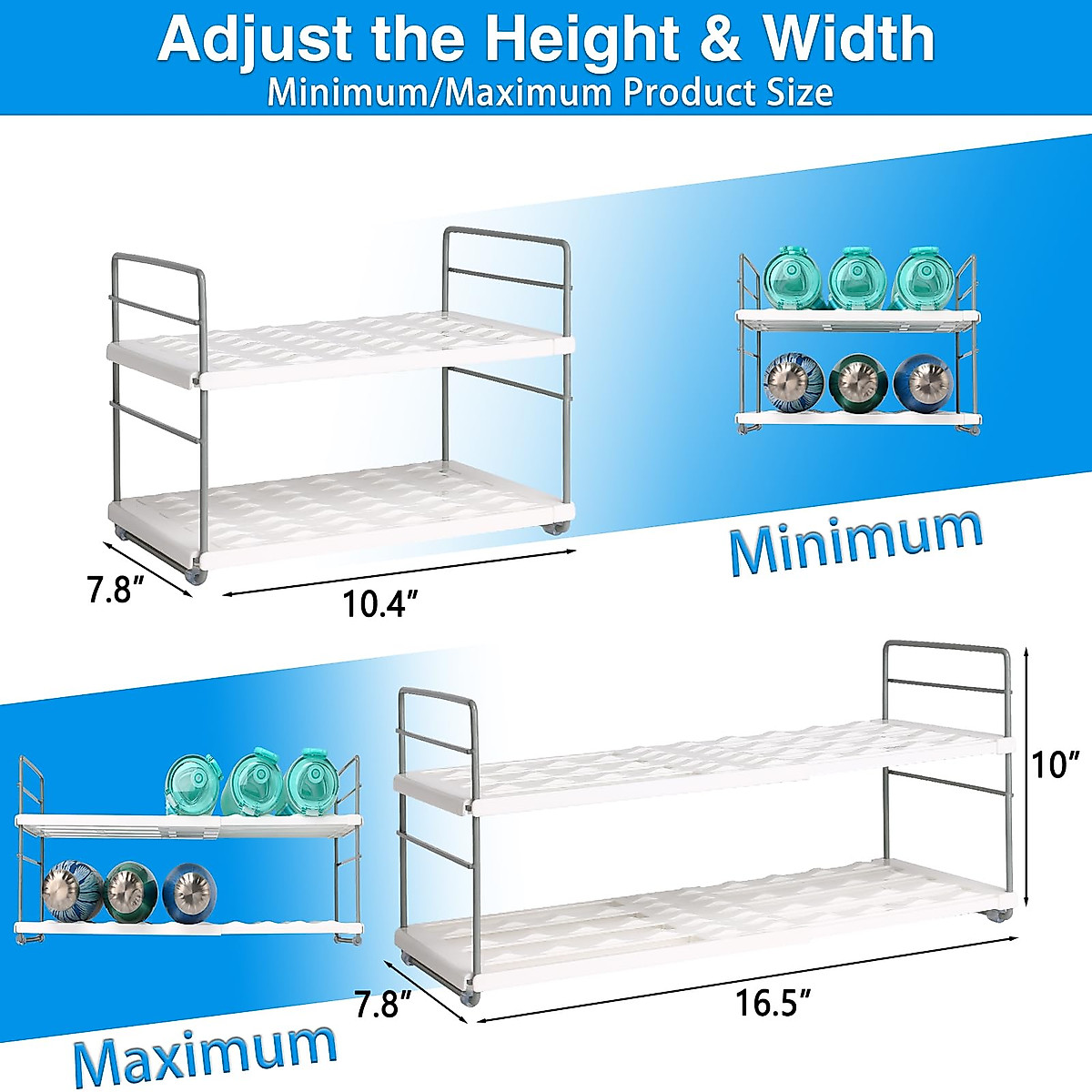 boailydi Water Bottle Organizer for Cabinet, Expandable Water Bottle Rack, Adjustable Tumbler Storage for Kitchen Organization, 2 Tier Cup Organizer for Sports Flask Insulated Mug Fridge