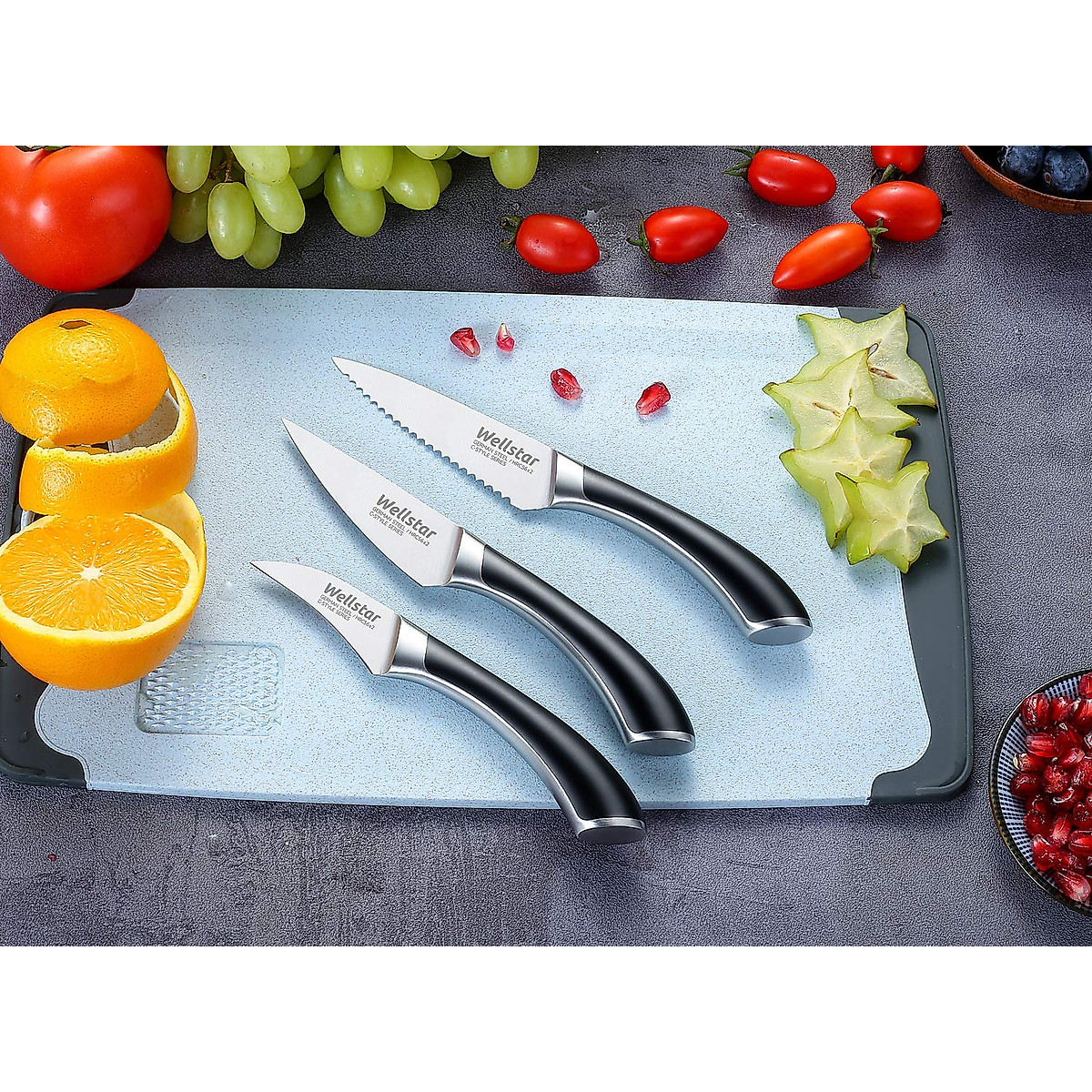 WELLSTAR Paring Knives Set, 3-Piece Fruit Peeling Knife Set, 2.75 Inch Bird Beak, 3.5 Inch Paring, 4 Inch Serrated Utility, Super Sharp German Stainless Steel Forged Blade and Full Tang Handle