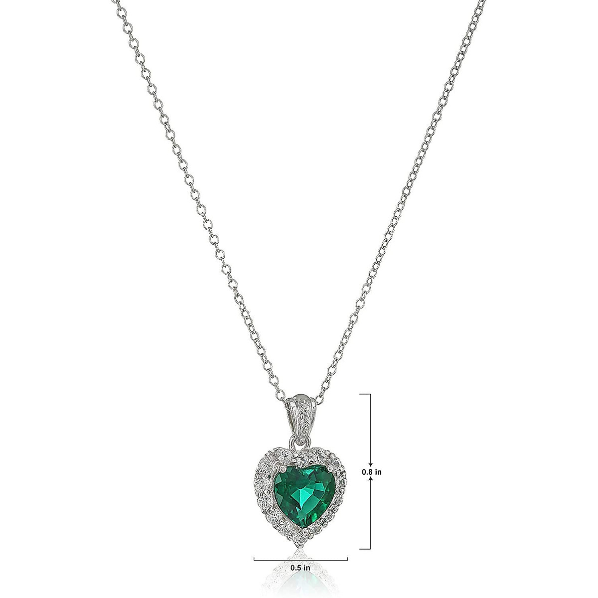 MORGAN & PAIGE Platinum-Plated .925 Sterling Silver Lab-Grown Emerald 1/2" Heart Pendant with White Topaz Halo on 18" Chain Necklace - May Birthstone