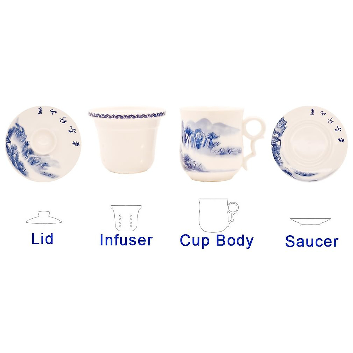 HODRME Chinese Porcelain Tea Mug-4 PCS Kit JingDeZhen Handmade Ceramic Kung Fu Tea Cup with Loose Leaf Tea Brewing System For Home Office Kitchen (Style B)