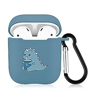 Qiusuo Drink Dinosaur Case for Airpods 2 & 1 with Keychain, Cute Dino Design Soft Silicone Shockproof Protective Cover, Airpods Wireless Charging Case 2&1 for Kids Teens Girls Women Boys, Light Blue