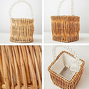 DEDEMCO Woven Rattan Storage Basket with Pearl Handles,Wedding Flower Girl Baskets,Straw Beach Bags Purse Wicker Tote Drawstring Closure,Square,5.3x5.5 In, 5.3x5.5 inch