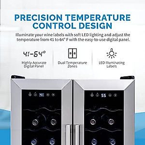 NewAir 24 Bottle Wine French Door Cooler Refrigerator | Freestanding Wine Fridge | Dual Zone, Stainless Steel, Double-Layer Tempered Glass Door, Quiet Compressor | 41F-64F Digital Temperature Control
