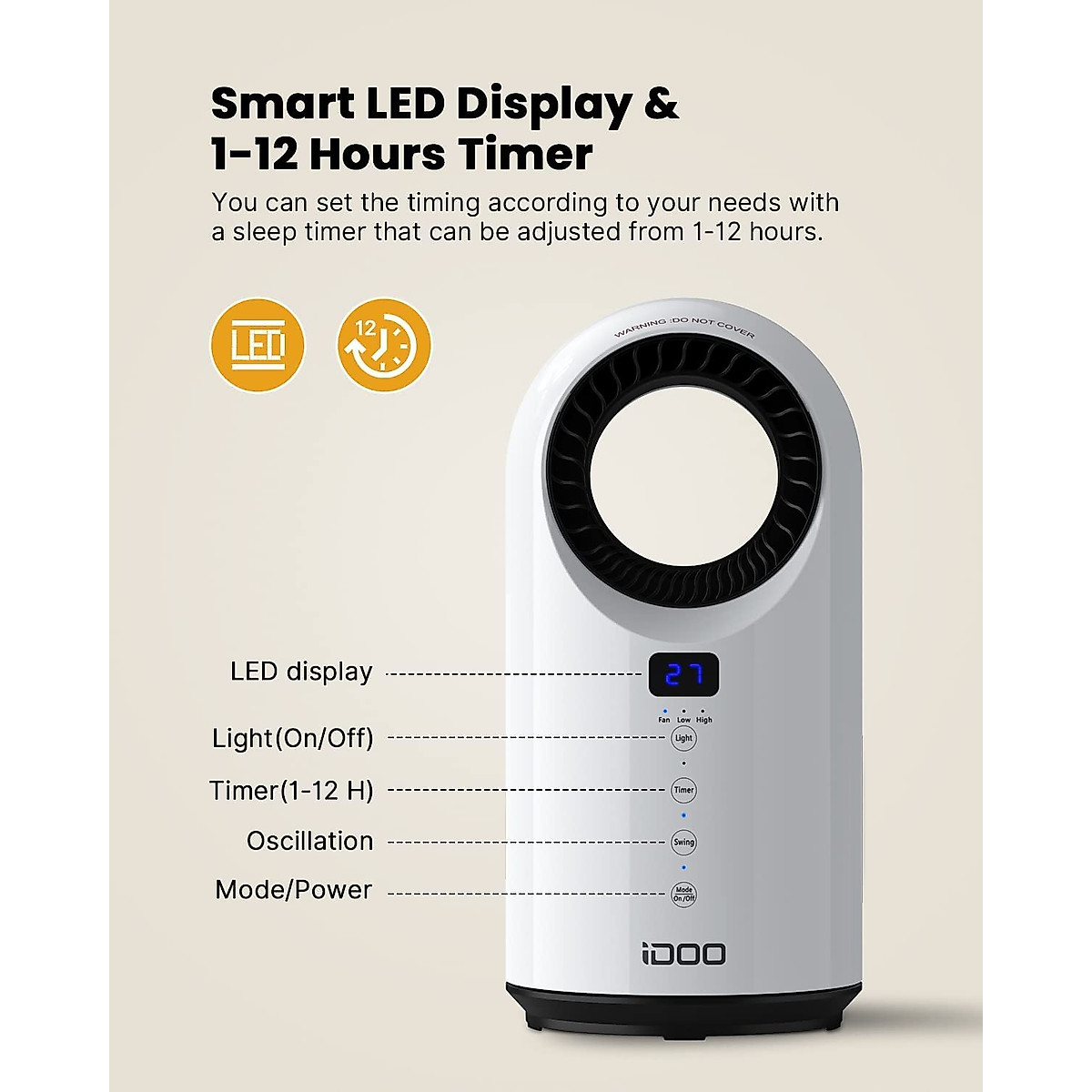 iDOO Electric Space Heater for Indoor Use with Remote, Portable PTC Ceramic Heaters for Bedroom, 1500W Fast Heating for Large Room/Office, Safe & Quiet for Home, 12H Timer, Oscillation, LED Display