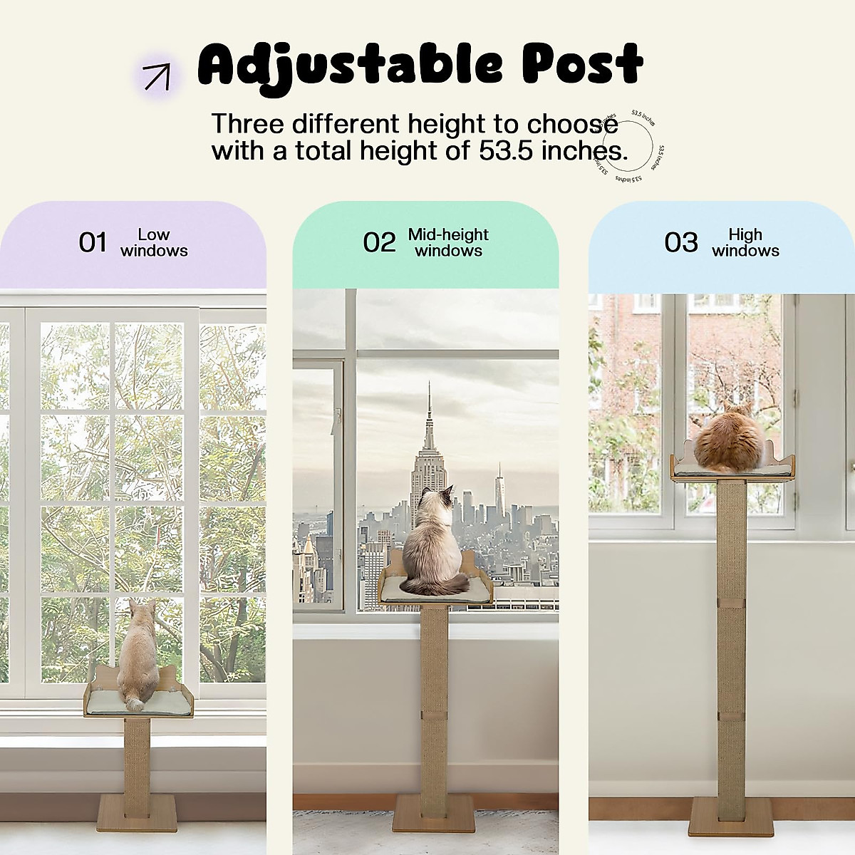 Cat Window Perch with Scratching Post, Cat Hammock for Window with 2 Suction Cups, Sisal Tall Cat Scratching Post with Large Perch, Cat Window Bed with Fuffy Cushion, Jute