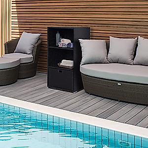 Outsunny Valet Pool Towel Rack, Waterproof PE Plastic Rattan Wicker Storage Organizer, Indoor Outdoor Spa, and Hot Tub Accessory Storage, 2 Shelves, 1 Basket Drawer, Espresso