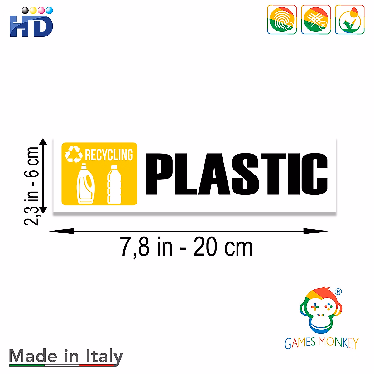 GamesMonkey® - Stickers Recycle for Trash Waste Bins Garbage Plastic Cans Compost Glass Metal Paper - Pack of 6 Adhesive - Vinyl Waterproof Washable Illustrated (7,8 in x 2,3 in - 20 cm x 6 cm, V1)