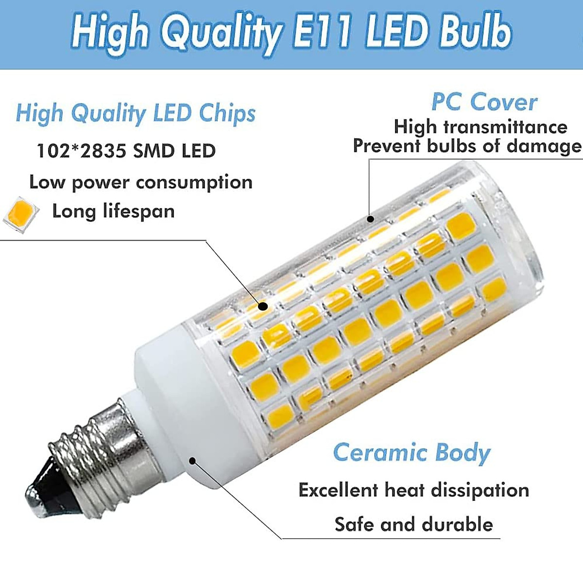 HAOGUAIS 6-Pack LED E11 Bulbs, E11 Mini Candelabra Base, Warm White 3000K 75W Halogen Equivalent, 120V 7W JD T3 T4 Corn Bulb Indoor Lighting
