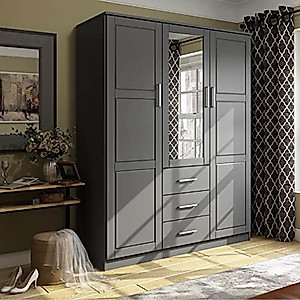 Palace Imports Cosmo Solid Wood 3-Door Wardrobe with Mirror and 3 Drawers, White. Additional Shelves Sold Separately.