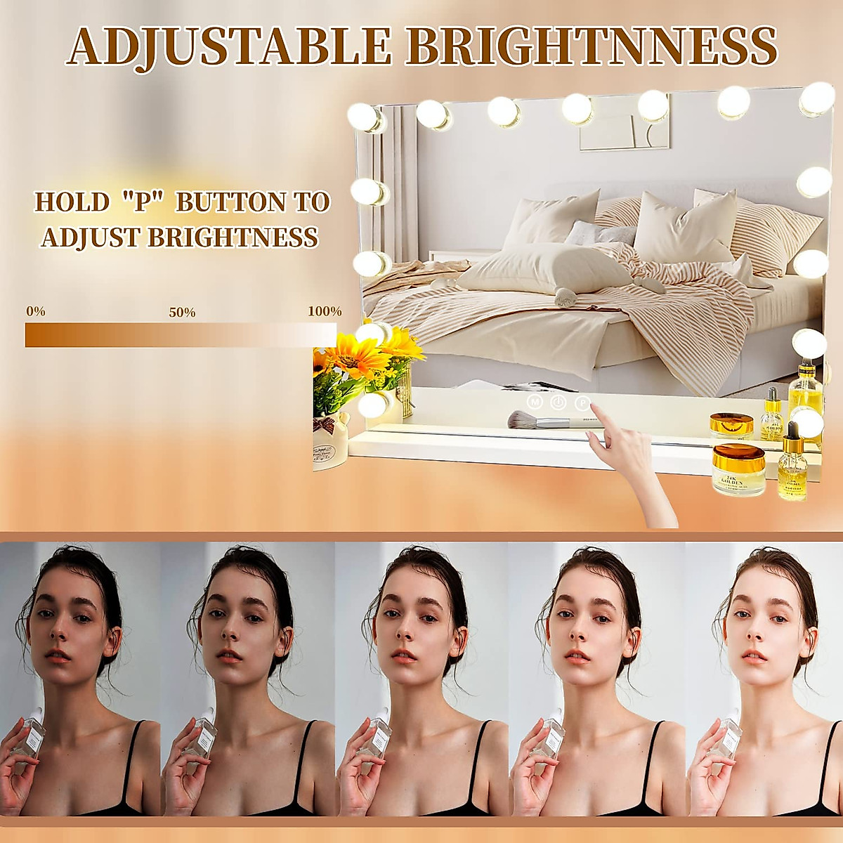Vanity Mirror with Lights,Lighted Vanity Mirror with 15 Dimmable Bulbs for Dressing Room & Bedroom,3 Color Lighting,Modes Detachable 10x Magnification 360°Ratation (Off White-15 Bulbs)