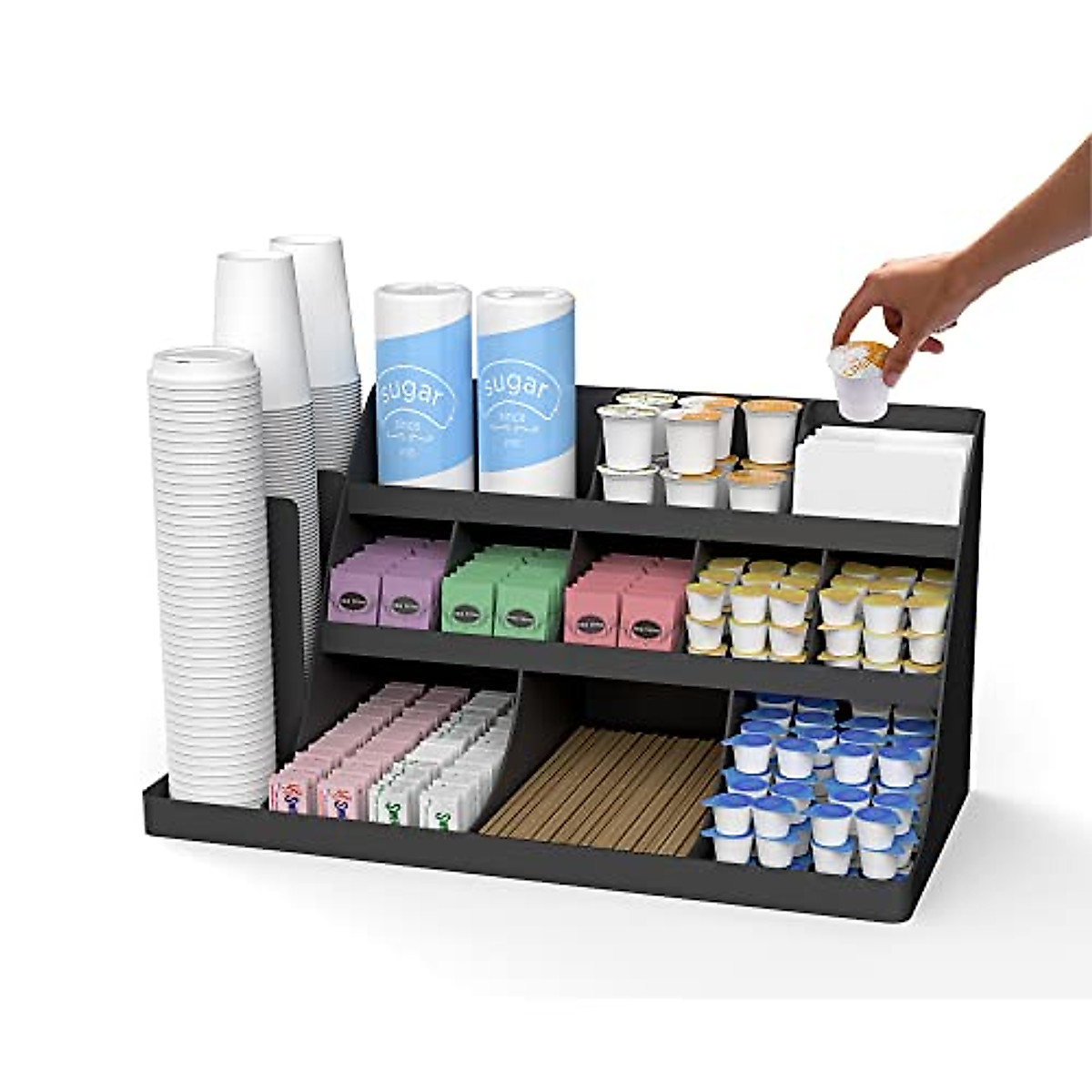 Mind Reader 14 Compartment 3 Tier Large Breakroom Coffee Condiment Organizer, Black