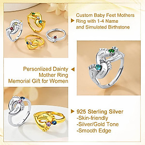 Custom4U Gold Baby Feet Ring 925 Sterling Silver Engraved Mother Open Rings Adjustable Gift for Women Mom Grandma
