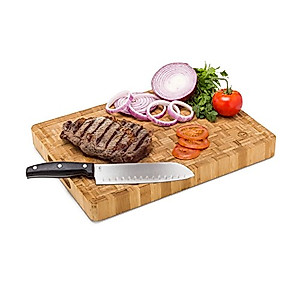 End Grain Wood Bamboo Cutting Board for Kitchen, Commercial Use - Extra Large, Thick Butcher Block with Juice Groove, Handles, and Non-Slip Feet for Chopping Veggies, Carving Meat, Bread and Cheese