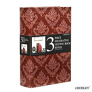 HOSLEY Storage Farmhouse Memory Book Boxes Set of 3, Red Brown & Gold,12", 10", 8" H.