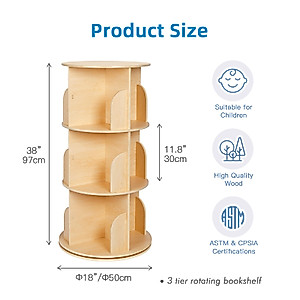 OOOK Kids Rotating Bookshelf Tower, Small Corner Bookshelf for Small Space, 360 Display 3 Tier Floor Standing Montessori Bookshelf Storage Rack, Large Chassis Spinning Bookshelf for Kids Room, Nursery