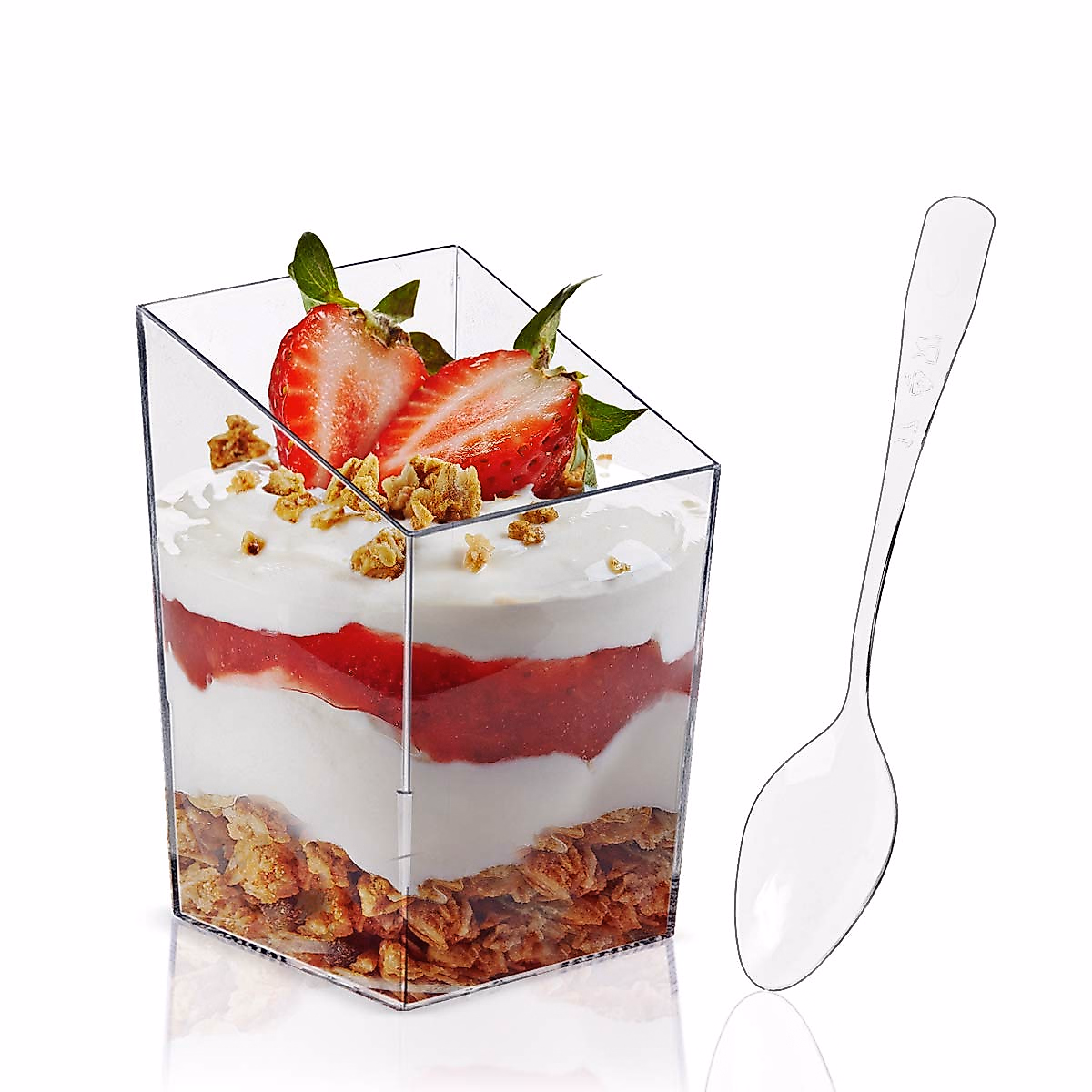 Plastic Dessert Cups with Spoons,Mini Disposable Appetizer Cups Clear Square Slanted Parfait Cups for Party - Set of 24 (3oz square slanted dessert cups)