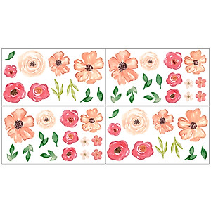 Sweet Jojo Designs Peach, Green and White Wall Decal Stickers for Peach Watercolor Floral Collection - Set of 4 Sheets - Pink Rose Flower
