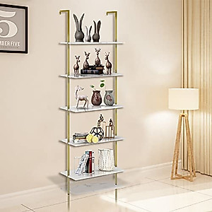 aboxoo Ladder Shelf White Marble Open Bookshelf 5-Tier Wall-Mounted Wood Rack Industrial Modern Plant Flower Stand Utility Organizer Bookcase Metal Frame Furniture Office Kitchen Bedroom