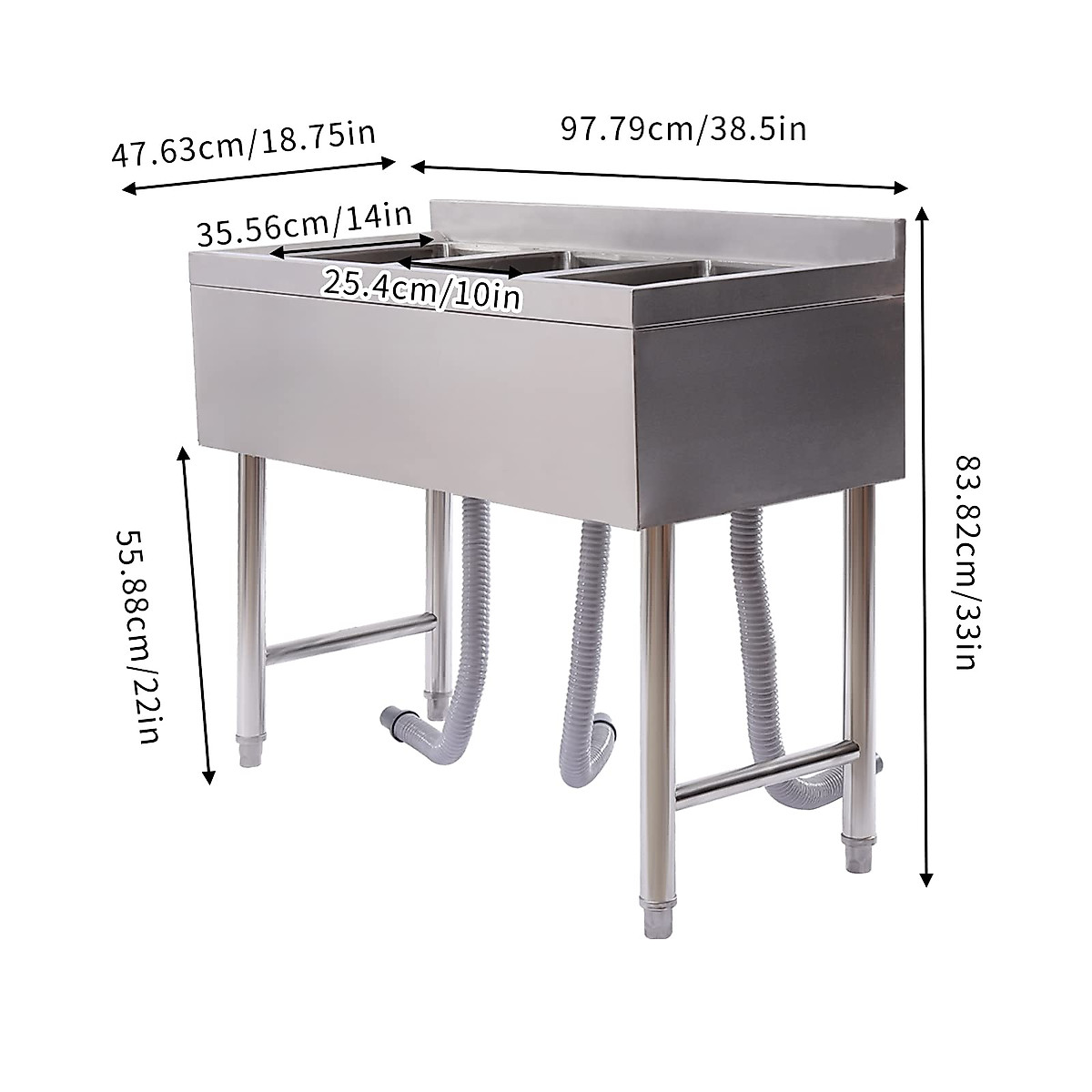 Stainless Steel Sink, 3 Compartment Stainless Steel Commercial Kitchen Bar Sink With 3 Drainboards, Commercial Kitchen Sink Prep Table, Modern Utility Basin With 3* Downpipes For Indoor Outdoor