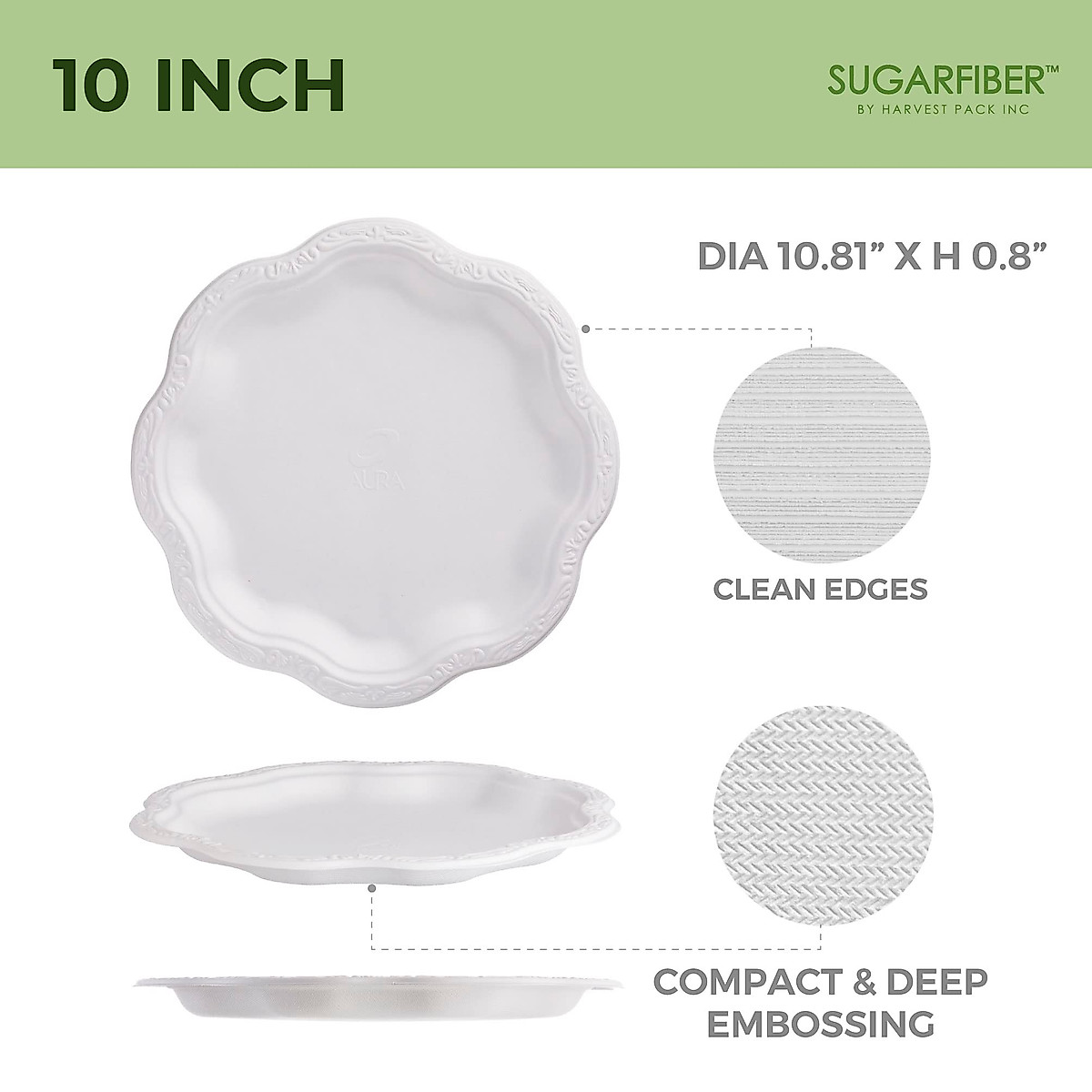 SUGARFIBER 10-inch Compostable Disposable Paper Plates, White Floral Acanthus Collection [50 COUNT]