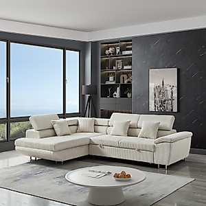 N NOORDENIYA 105.8" Luxury Sleeper Sofa Bed with Pull Out Couch Bed,Left-Corner Chaise Sofa with Storage Chaise Lounge,Adjustable Backrest & Plush Corduroy Velvet for Living Room (Beige)