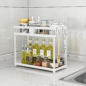 FLE Under Sink Organizer, 2 Tier Metal Under Bathroom Sink Storage Baskets with Hooks, Self Adhesive White Under Sink Shelf Organizer for Bathroom Kitchen