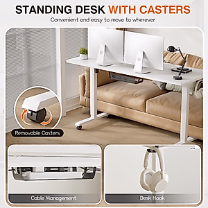 Furmax Electric Standing Desk, 59 x 24 Inches Height Adjustable Desk with Wheels, Home Office Computer Desk with Management Box (White)