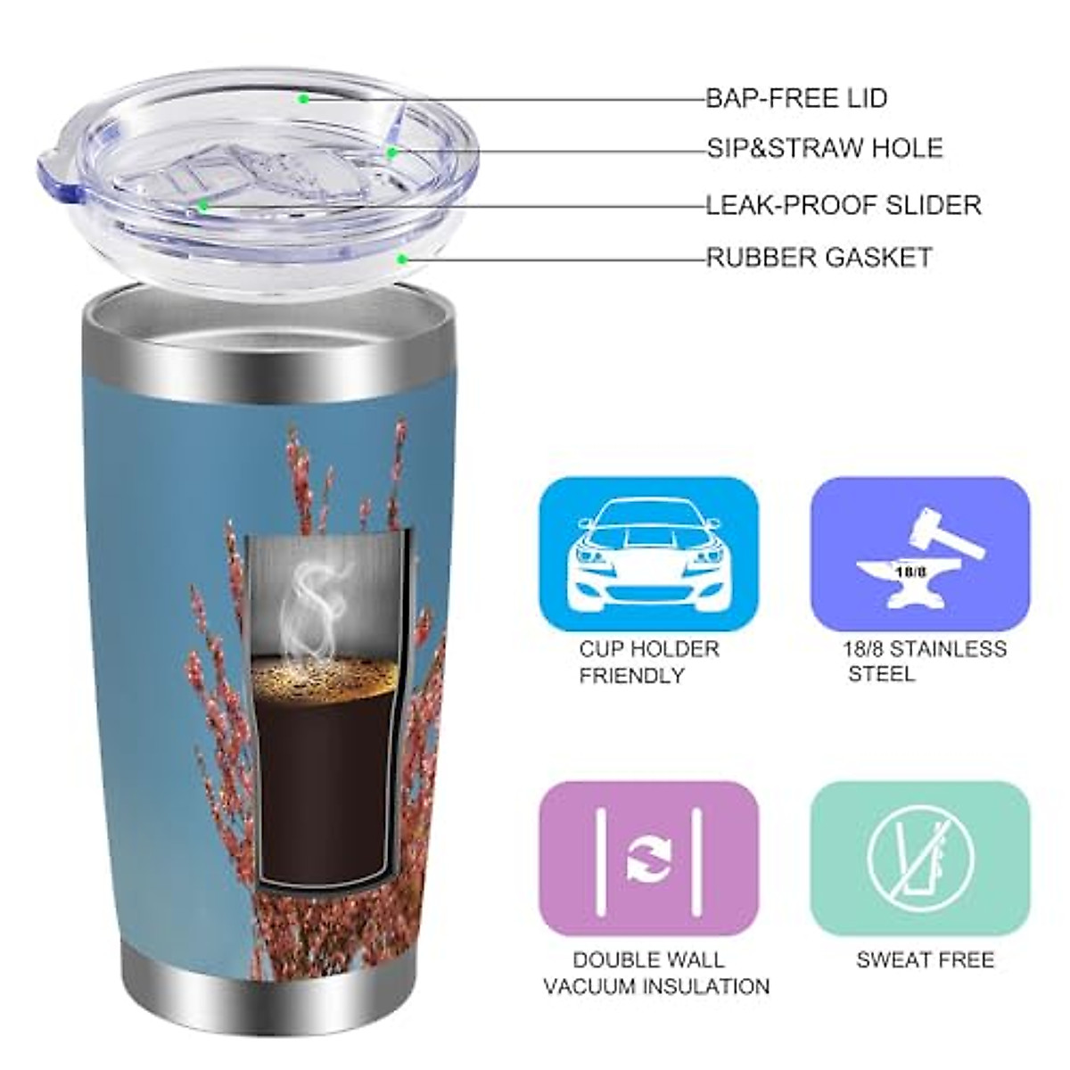 Jesmacti 20Oz Hot Drink Tumbler Cherry Blossom Tree Berlin Germany Pink Flowers Lighted Sun Morning Clear Hot Cold Tumbler Travel Coffee Mug for Travel