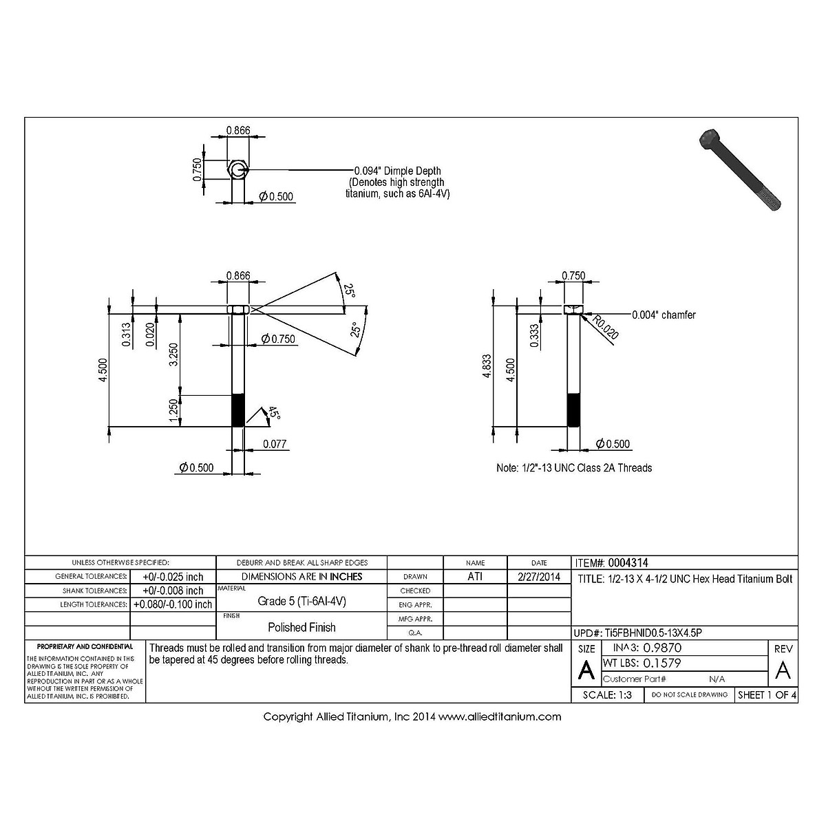 Allied Titanium 0004314, (Pack of 2) 1/2-13 X 4-1/2 UNC Titanium Hex Head Bolt, Grade 5 (Ti-6Al-4V)