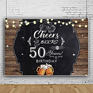 OERJU 6x4ft Happy 50th Birthday Backdrop Wooden Plank Cheers and Beers 50 Years Birthday Background for Photography 50th Birthday Party Decor Banner for Men