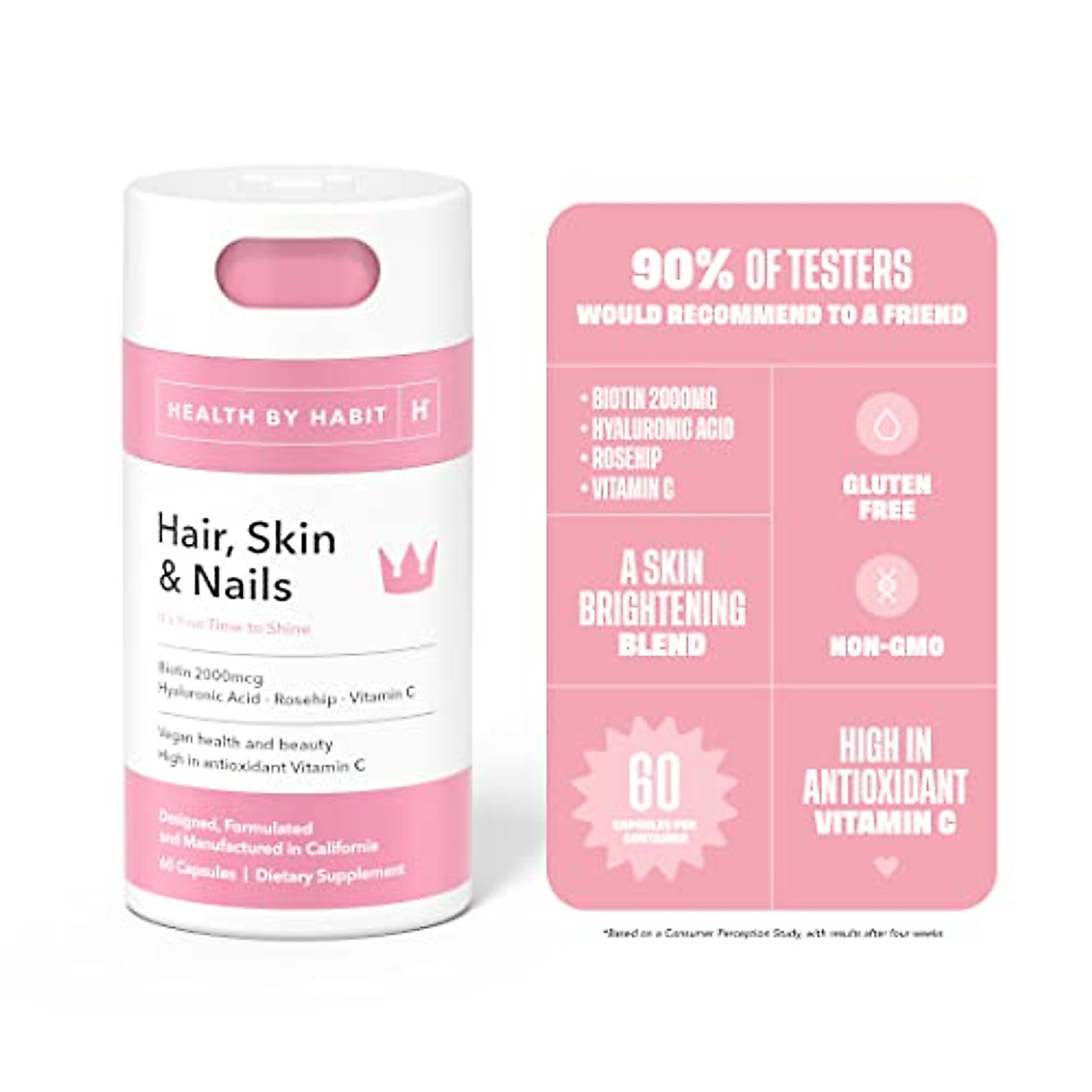 Health by Habit Hair, Skin and Nails Supplement 2 Pack (120 Capsules) - Biotin 2000mcg, Vitamin A, Vitamin B, Vitamin C, Hyaluronic Acid, Rosehip, and Alo Vera, Vegan, Non-GMO, Sugar Free (2 Pack)