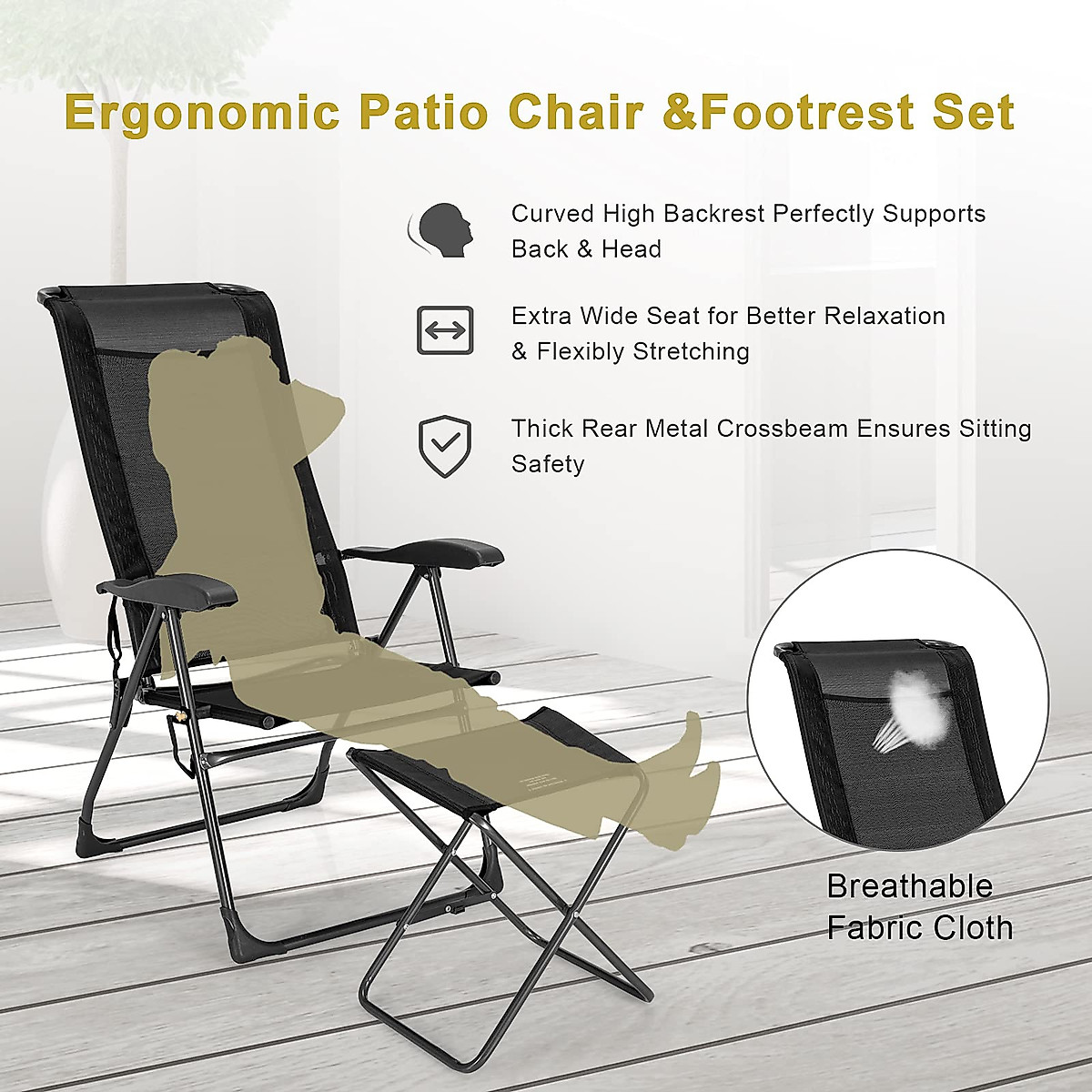 Giantex 4 Pcs Folding Patio Chairs Set 2 Pack Patio Dining Chairs with Footrest Portable Sling Chairs Camping Lawn Chairs with Adjustable Back Outdoor Bistro Chairs for Porch Garden Yard Pool