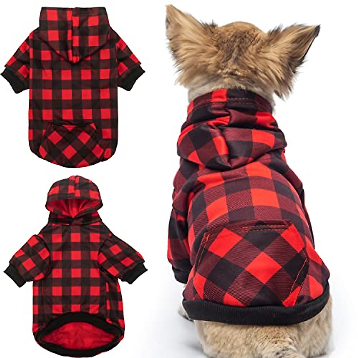 ABFEKIEA Dog Hoodie for Small Medium Large Dogs - Plaid Christmas Warm Dog Sweatshirt with Pocket for Winter Fall - Cold Weather Pet Hooded Clothes for Dogs Cats